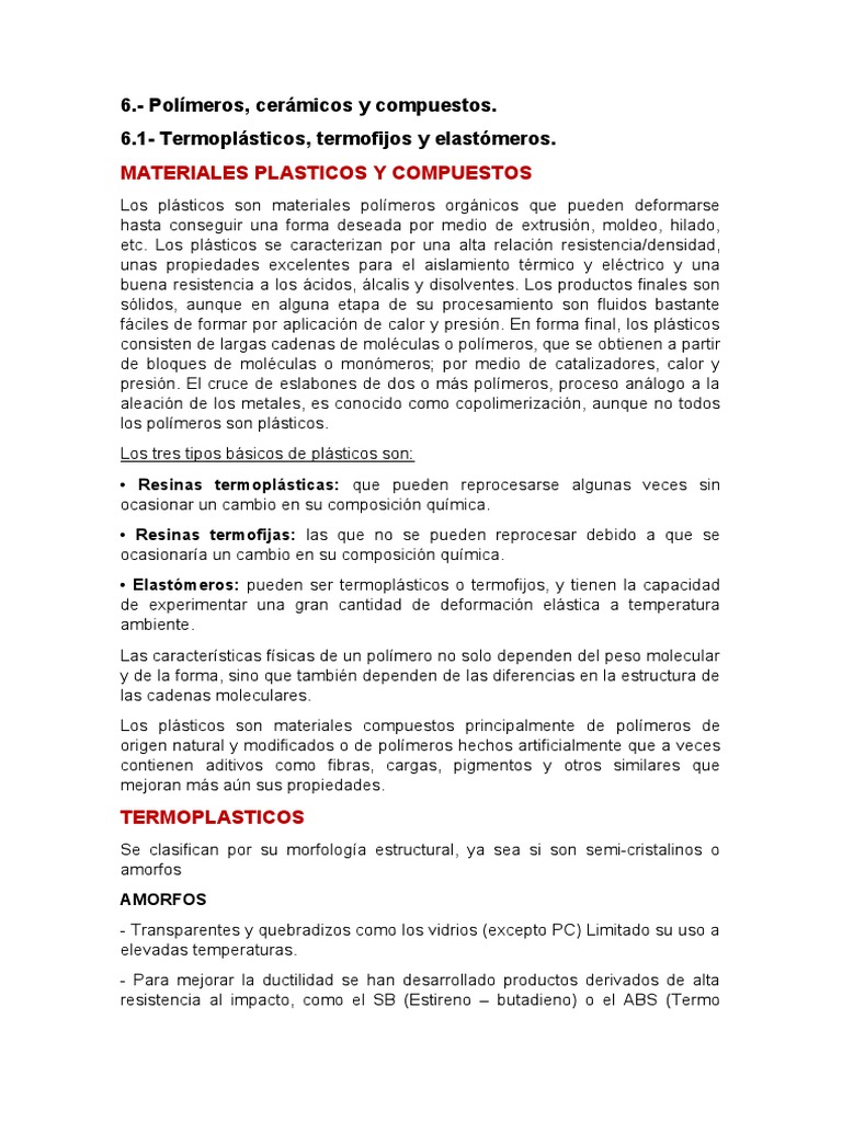 6.1 Termoplásticos, Termofijos y Elastómeros | PDF | Polímeros | Elastómero