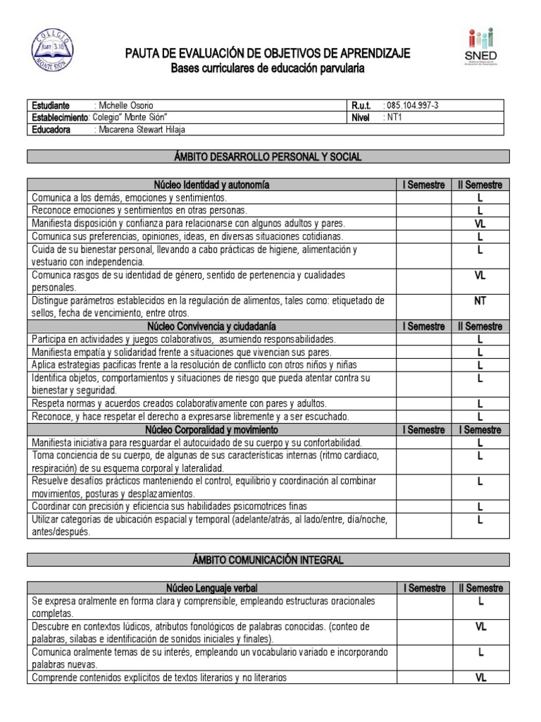 Pauta de Evaluación NT1 | PDF | Las emociones | Bienestar