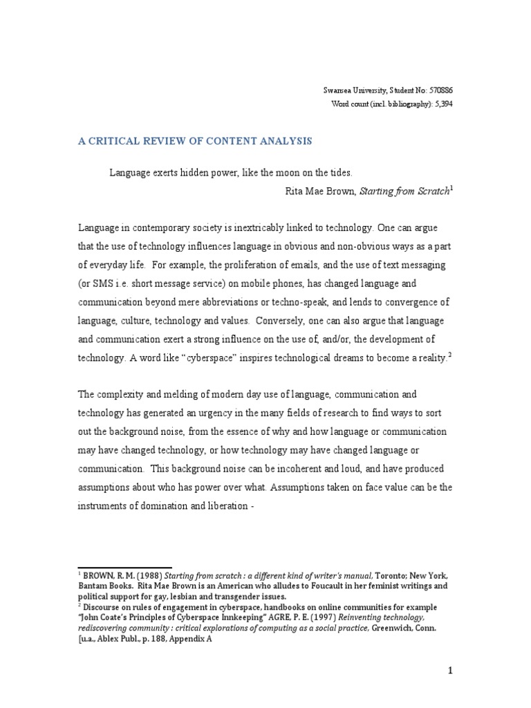 A Critical Review of Content Analysis | PDF | Analysis | Discourse