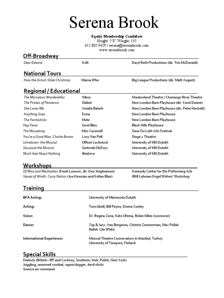 Serena Brook Resume | PDF | Theatre | English Language Plays