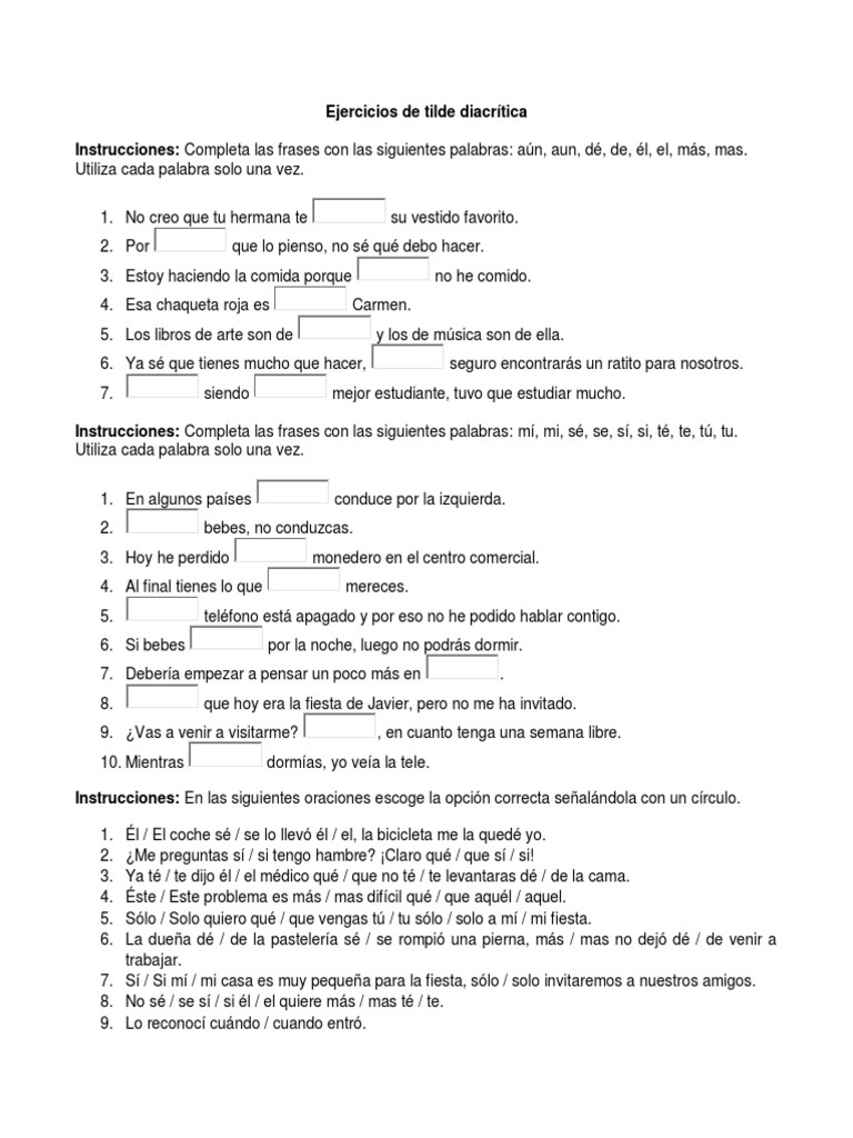 Ejercicios de Tilde Diacrítica | PDF