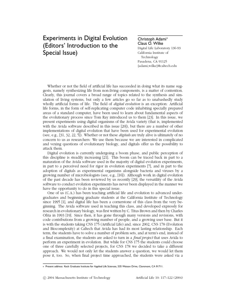 Exploring Evolution Through Digital Organisms: An Introduction to Student Research Projects ...