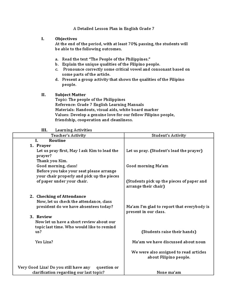 Detailed Lesson Plan in English Grade 7 | PDF | Philippines | English ...