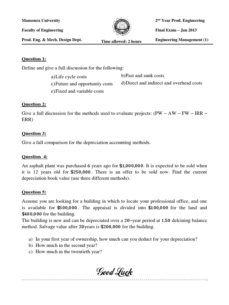 Engineering Management Exam 2013 | PDF