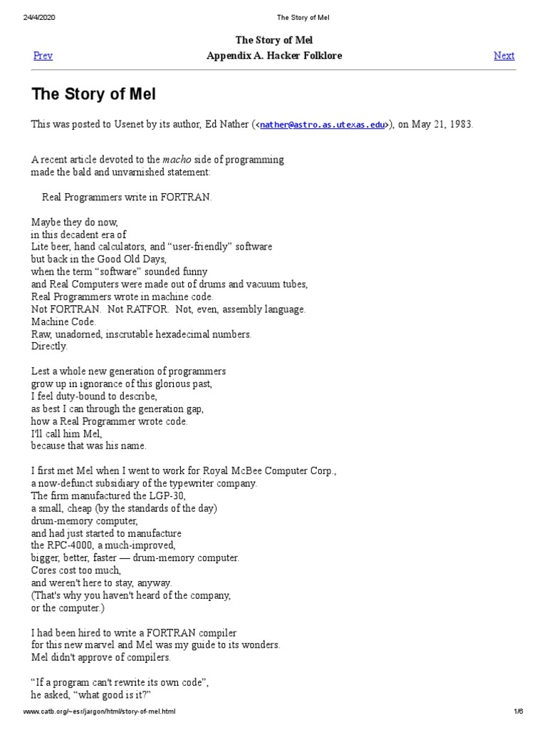 The Story of Mel | PDF | Computer Program | Programming