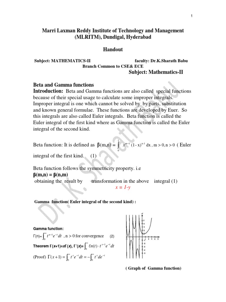BETA and Gamma Functions Hand Out UNIT - II | PDF | Integral | Function ...