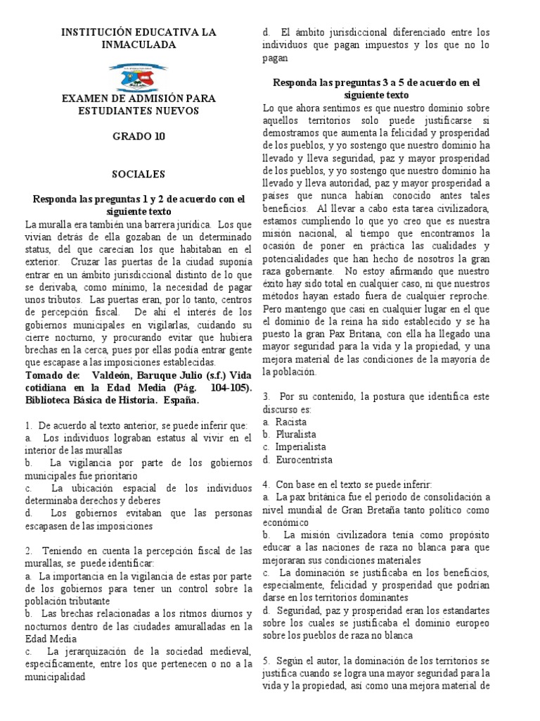 Examen de Admision Grado Decimo | PDF | Edades medias | Paz