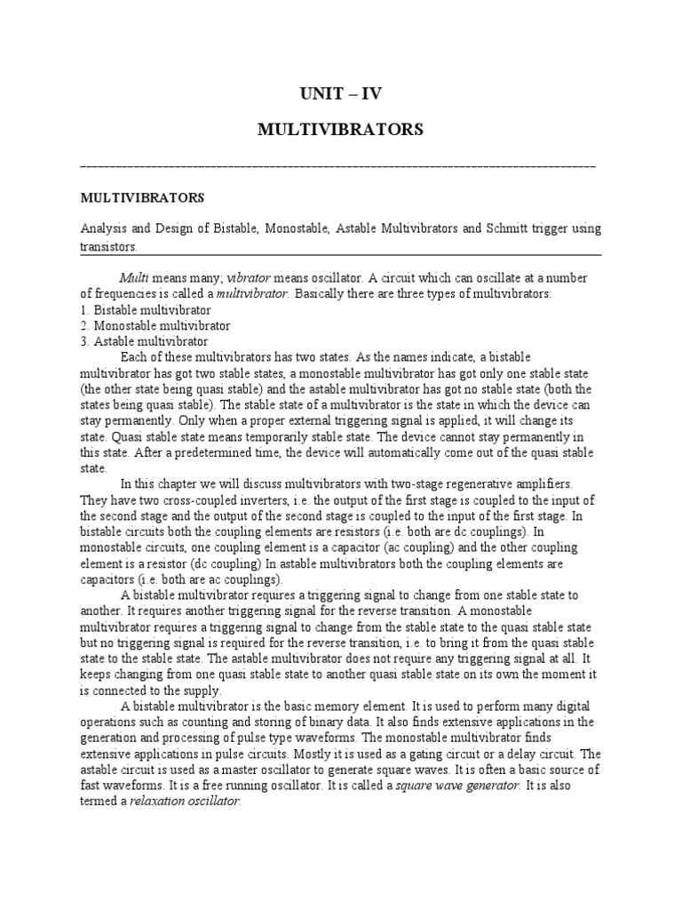 Unit - Iv Multivibrators | PDF | Amplifier | Electronic Circuits