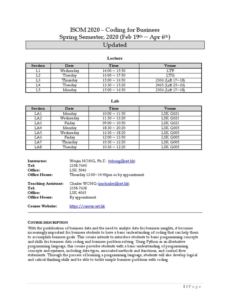 ISOM 2020 - Coding For Business Spring Semester, 2020 (Feb 19 Apr 6) Updated | PDF | Critical ...