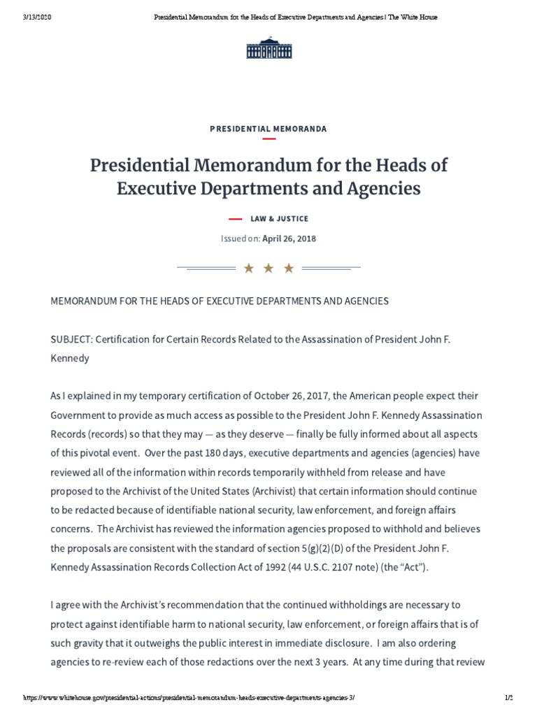 Presidential Memorandum For The Heads of Executive Departments and ...