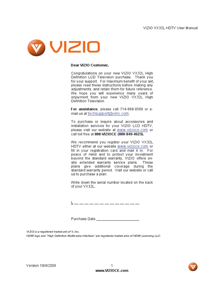 Dear VIZIO Customer | PDF | Ac Power Plugs And Sockets | Manufactured Goods