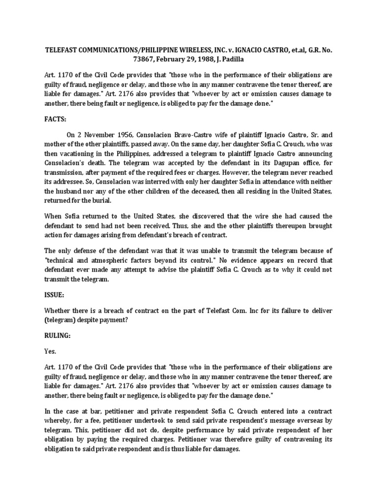 Telefast Communications/Philippine Wireless, Inc. V. Ignacio Castro, Et ...