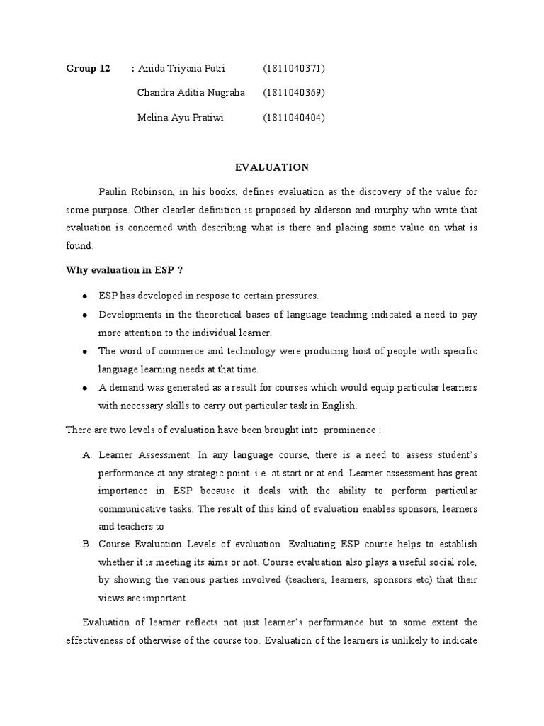 Esp Group 12 Evaluation | Download Free PDF | Educational Assessment ...