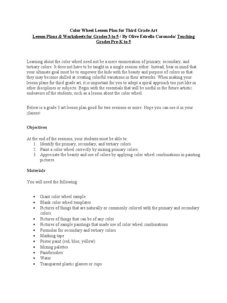 Detailed Lesson Plan For Third Grade Art | PDF | Lesson Plan | Color