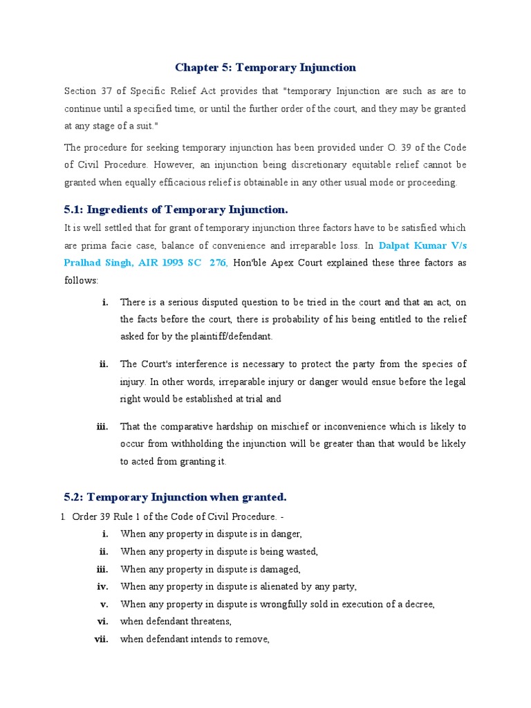 Chapter 5: Temporary Injunction: Dalpat Kumar V/s Pralhad Singh, AIR ...