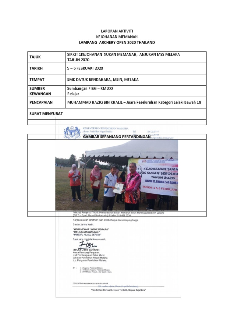 Laporan Kejohanan Memanah Di SMK Datuk Bendahara | PDF