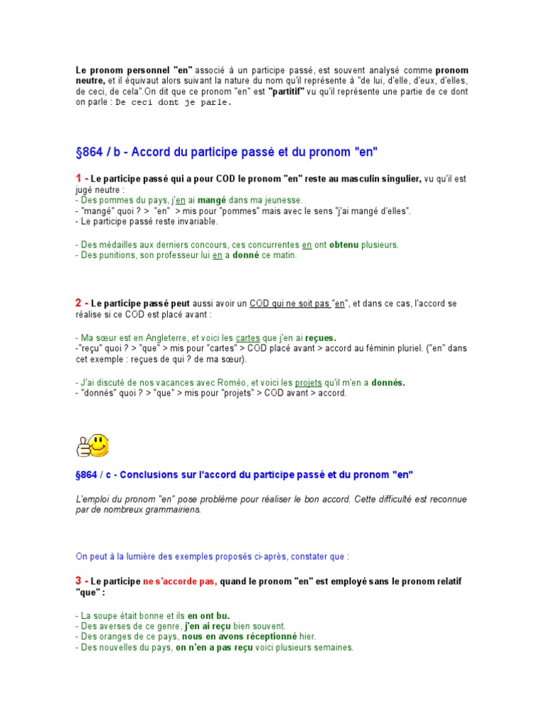 Accord du participe passé avec "en" | PDF | Genre grammatical | Pronom