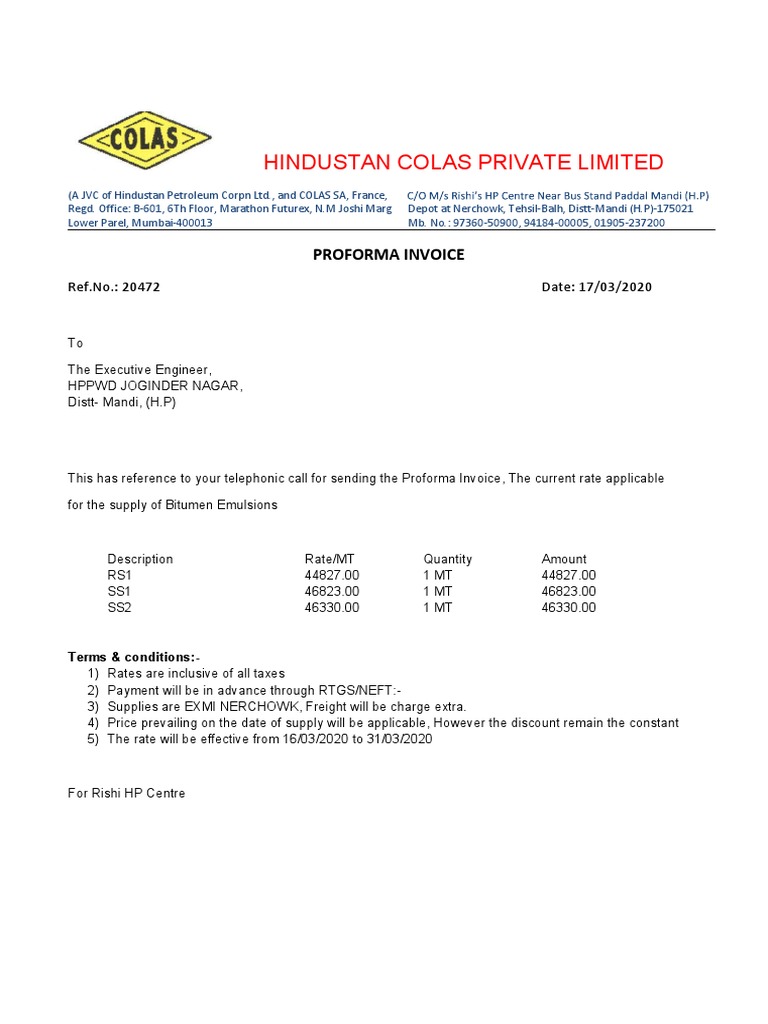 Hindustan Colas Private Limited: Proforma Invoice | PDF | Business