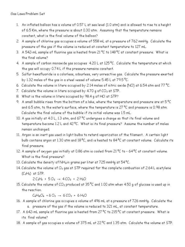 Gas Laws Problem Set (Edited) | PDF | Gases | Mole (Unit)