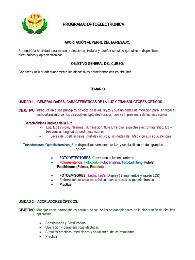 Programa de Optoelectronica e - J 2020 | PDF | Ligero | Óptica