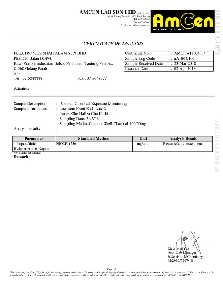 Amcen Lab SDN BHD: Certificate of Analysis | PDF | Gas Chromatography ...