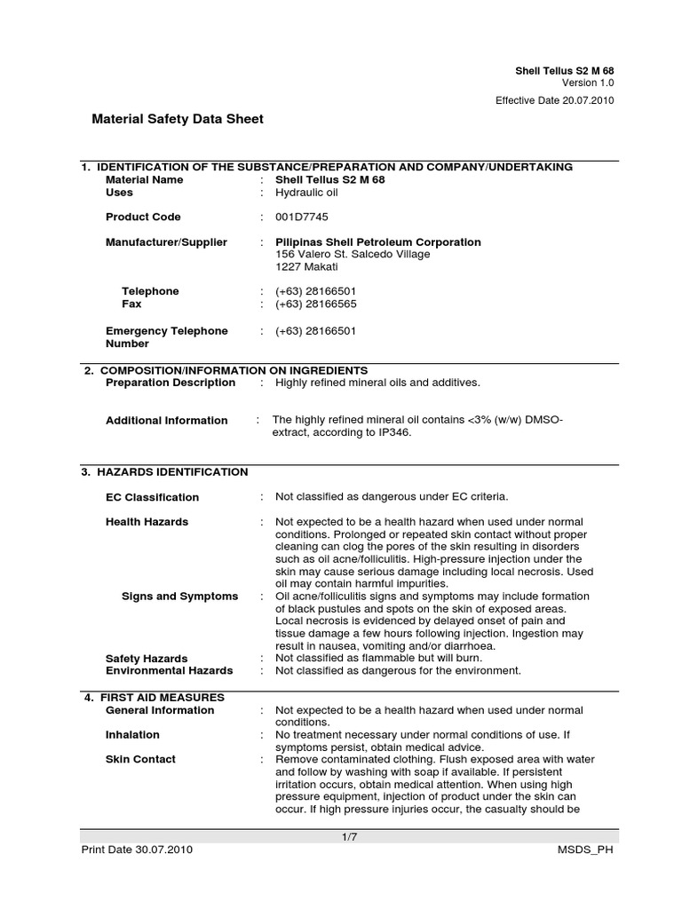 Shell Tellus S2 V 46: Safety Data Sheet PDF Personal