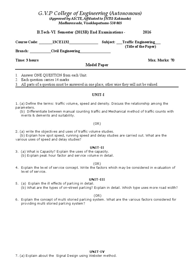 Traffic Engineering Model Paper | PDF | Traffic | Transport