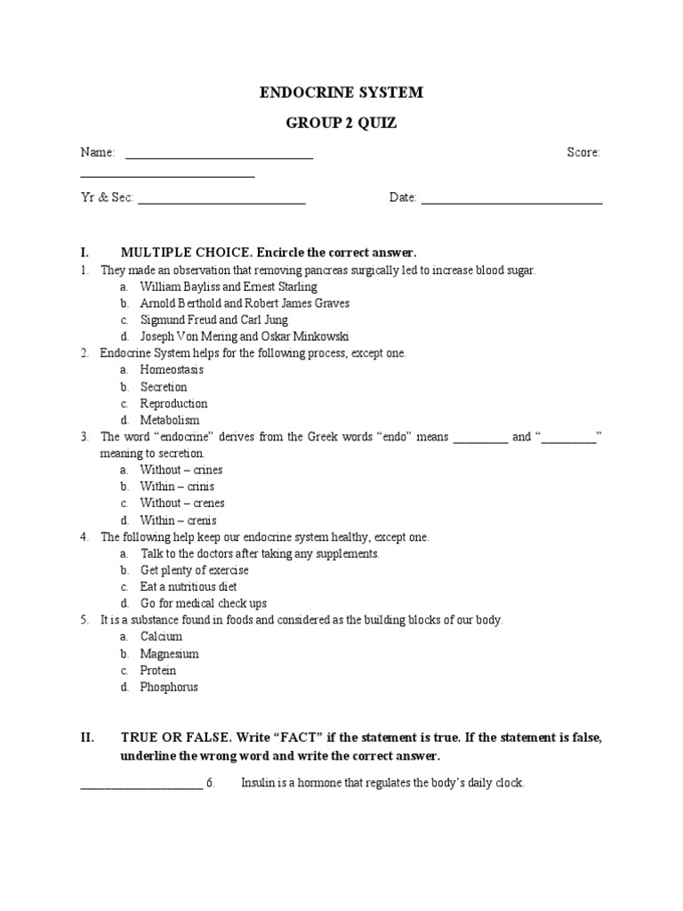 Endocrine System Group 2 Quiz: I. MULTIPLE CHOICE. Encircle The Correct ...