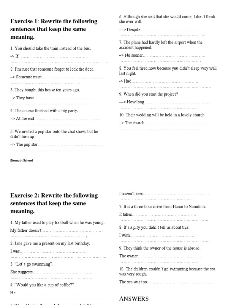 Exercise 1: Rewrite The Following Sentences That Keep The Same Meaning ...