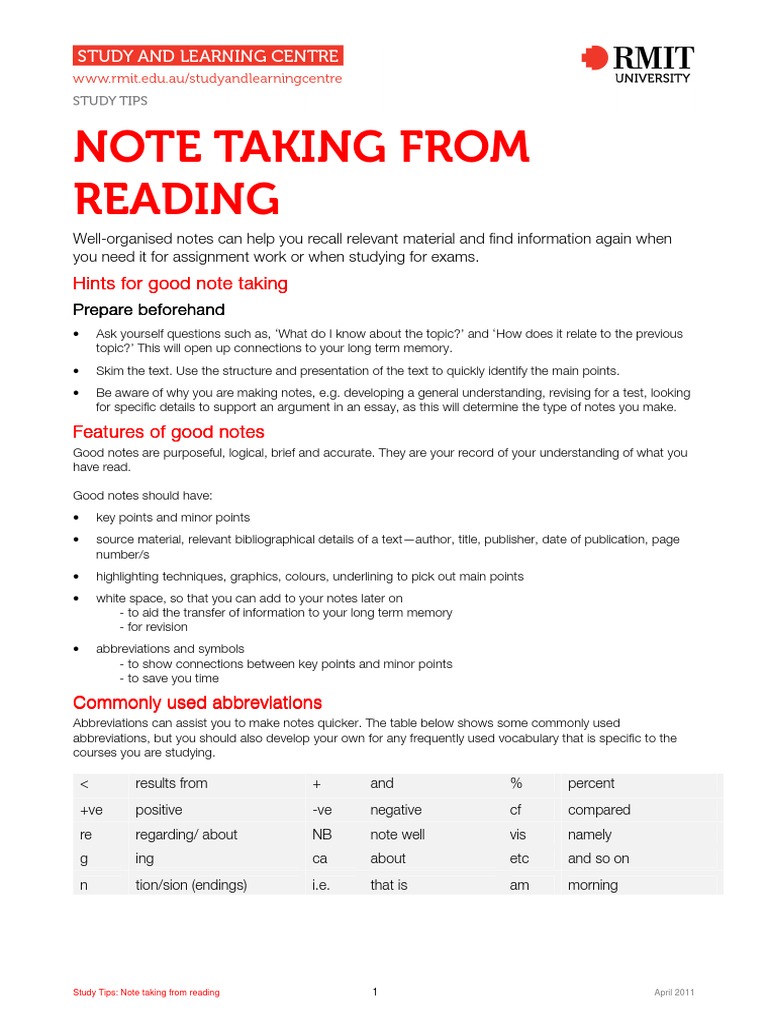 Note Taking From Reading: Prepare Beforehand Prepare Beforehand Prepare ...