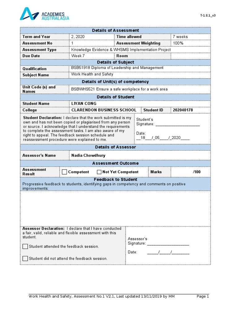 Assessment 1 Work Health Safety | PDF | Occupational Safety And Health ...