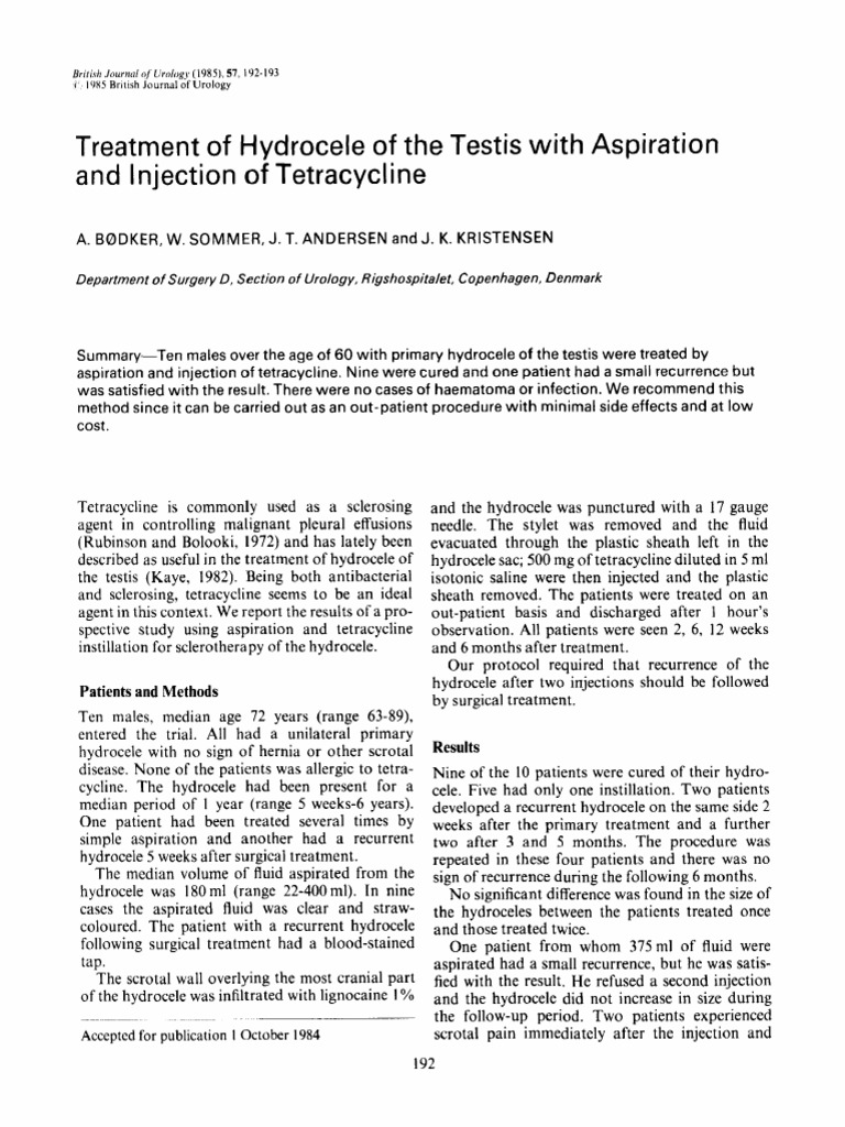 Treatment of Hydrocele of The Testis With Aspiration and Injection of ...