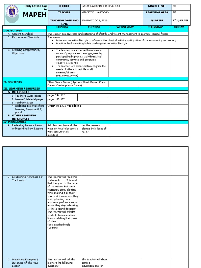 MAPEH 10-Jan. 20-23, 2020 (PE) | PDF | Educational Psychology | Learning