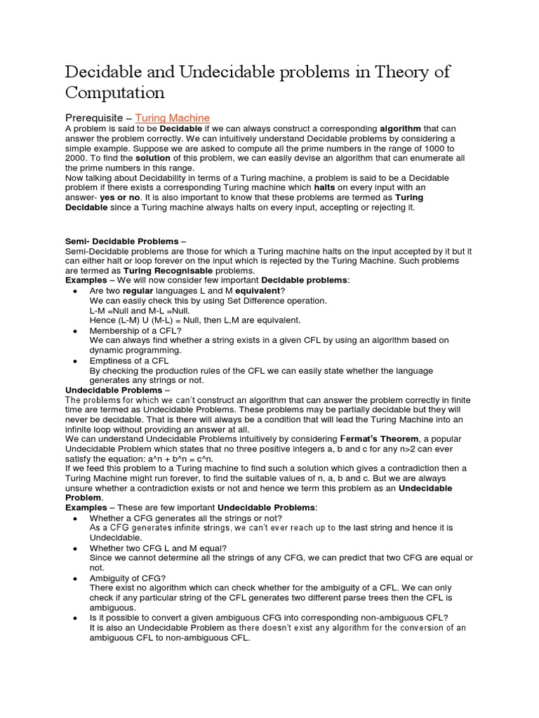 Decidable and Undecidable Problems in Theory of Computation | PDF | Time Complexity ...
