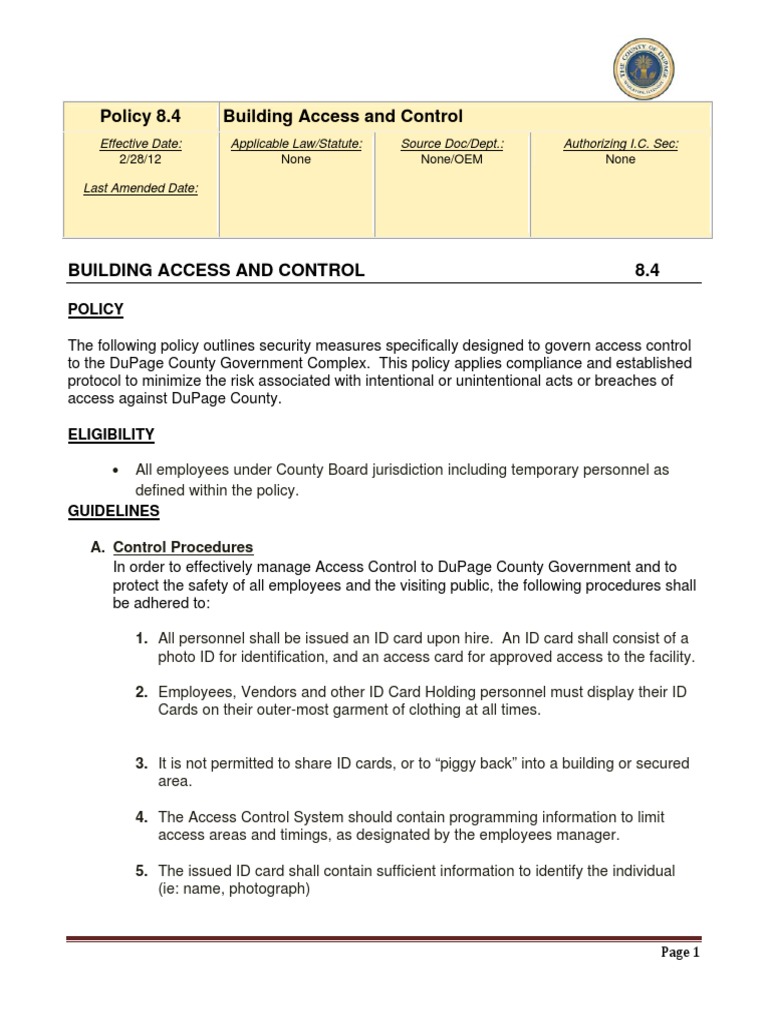 Policy 8.4 Building Access and Control | PDF | Identity Document ...