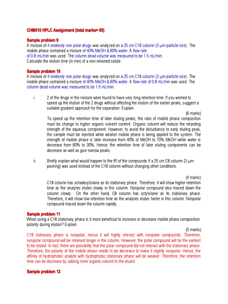 HPLC Assignment Problems | PDF | Chromatography | Elution