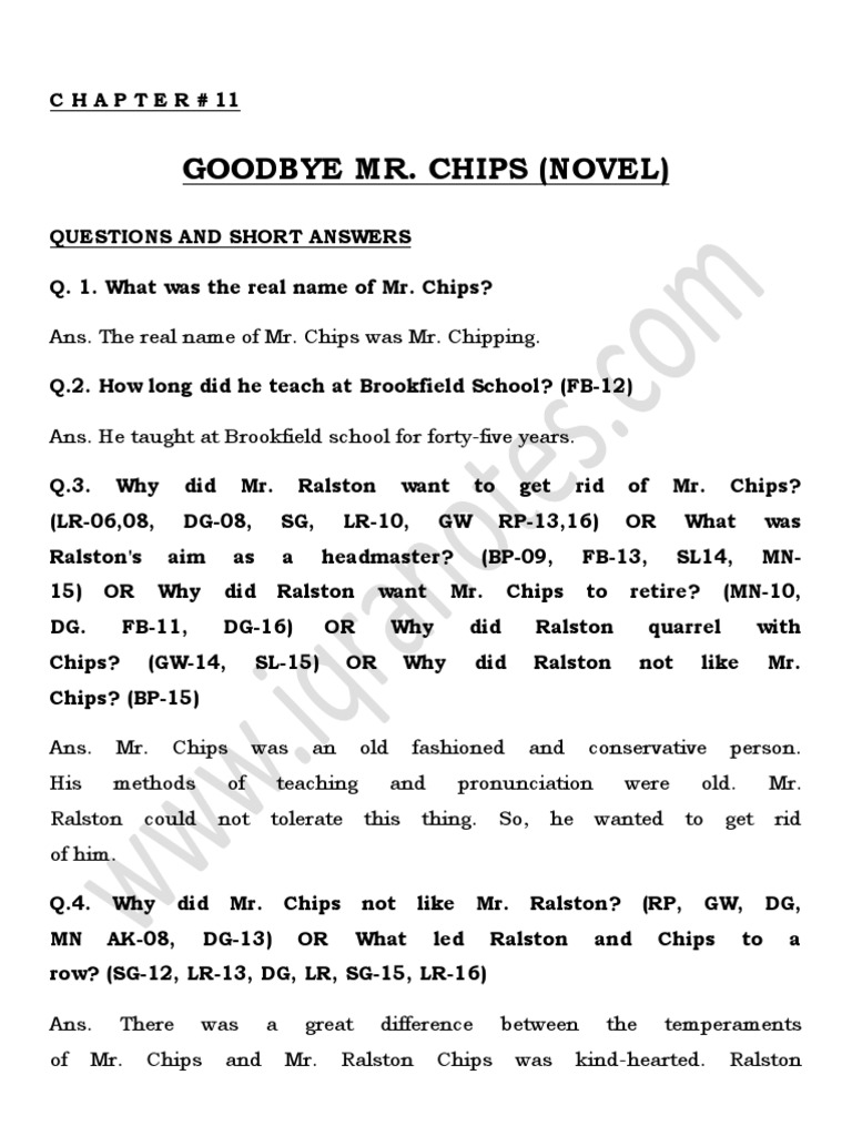 Goodbye Mr Chips novel chapter questions | PDF