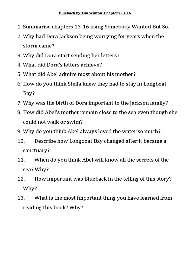 Blueback by Tim Winton Chapters 13-16 | PDF