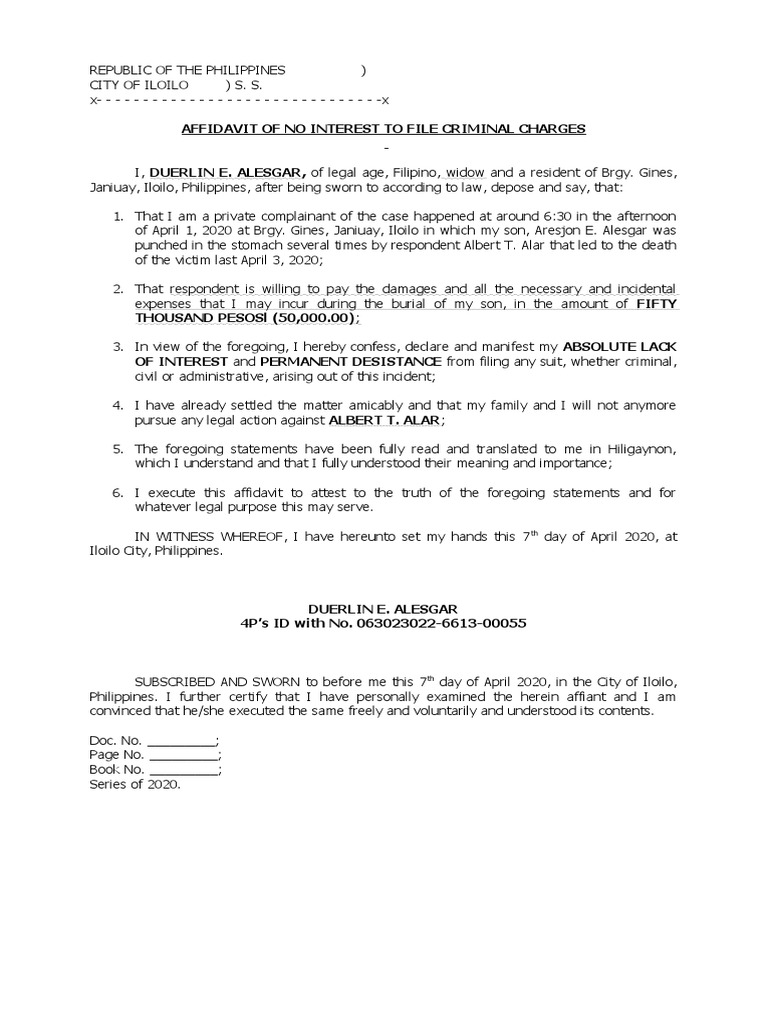 Affidavit of No Interest To File Criminal Charges | PDF