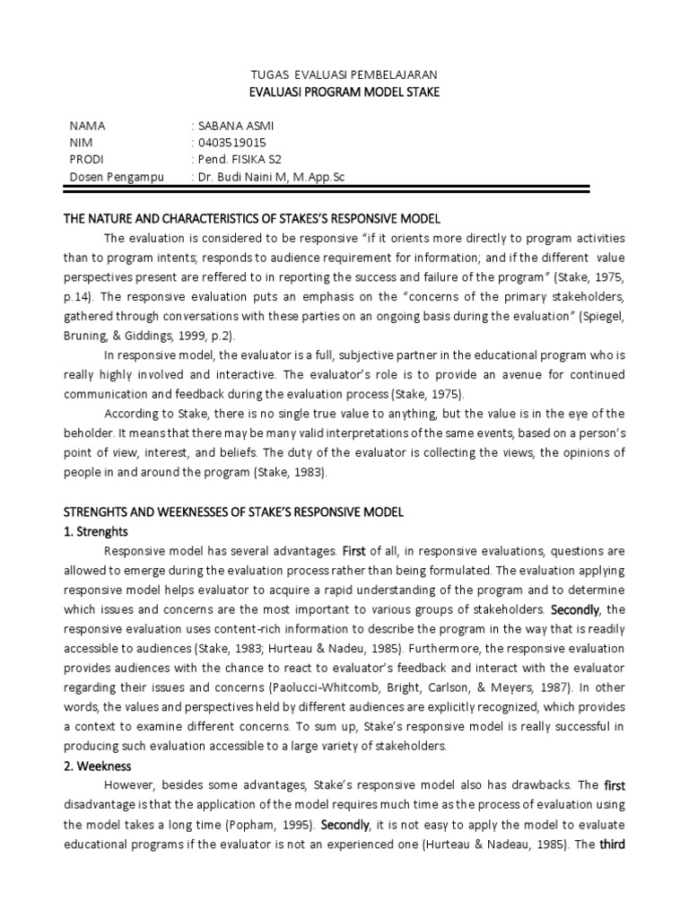 Evaluasi Program Model Stake - Sabana Asmi - 0403519015 | PDF | Evaluation | Learning