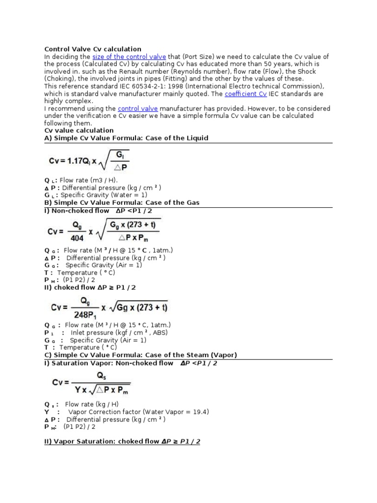 Control Valve Cv Calculation Guide | PDF | Pressure | Valve