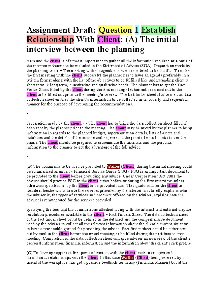 Assignment Draft: Question 1 Establish Relationship With Client: (A ...