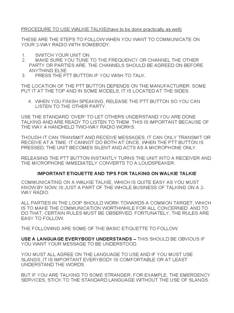 Important Etiquette and Tips For Talking On Walkie Talkie | PDF ...