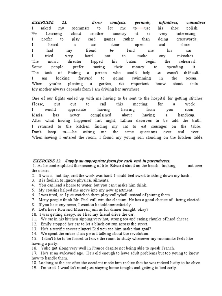 Exercise 21. Error Analysis: Gerunds, Infinitives, Causatives | PDF ...