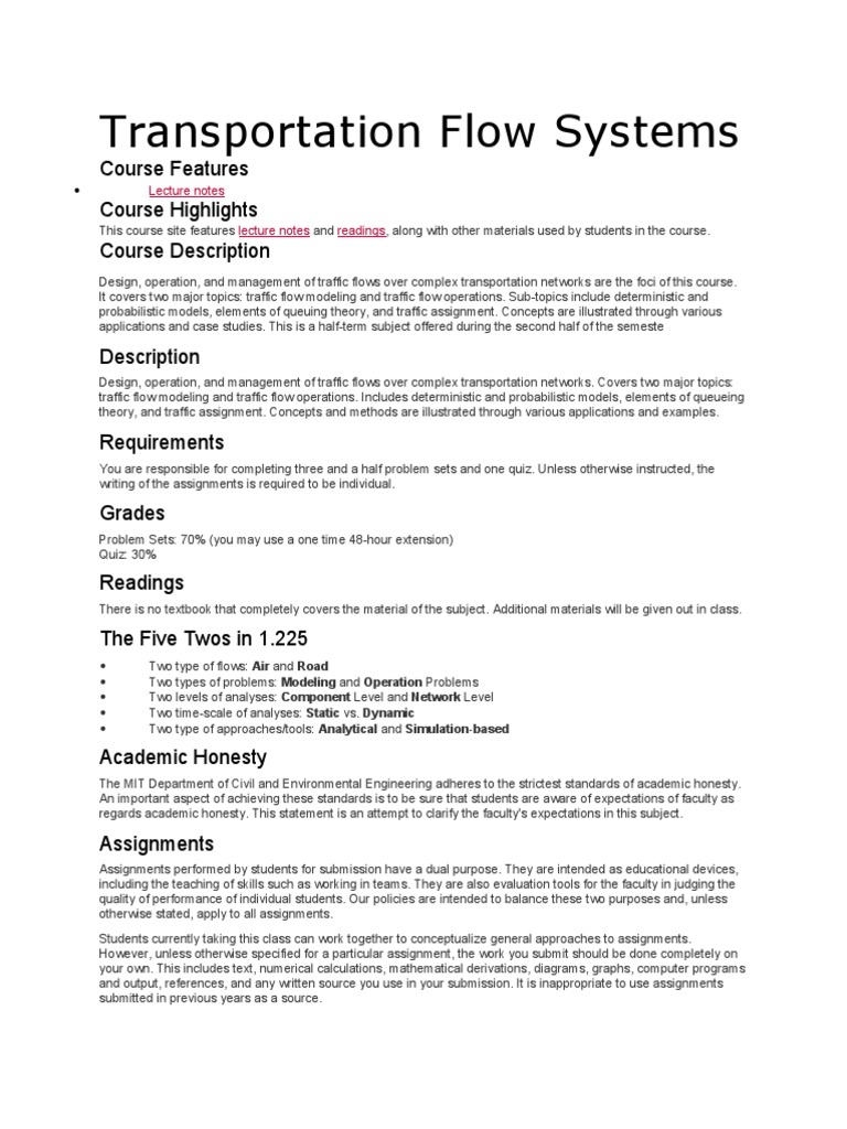 Transportation Flow Systems: Course Features Course Highlights Course ...