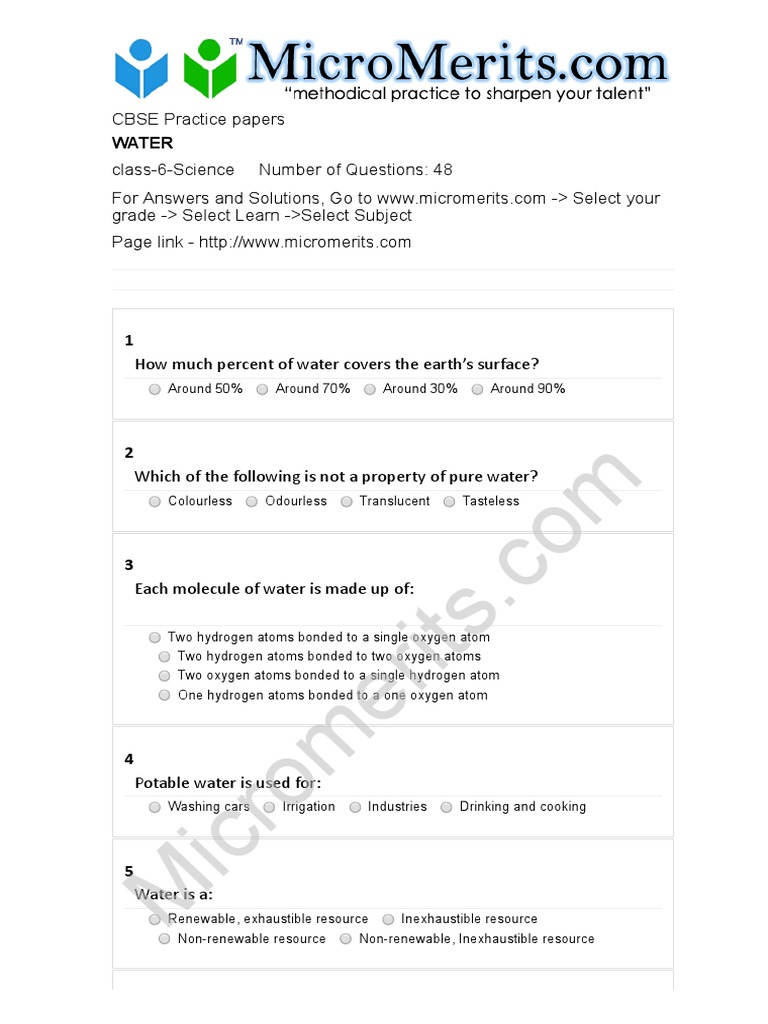 CBSE Practice Papers Water Class-6-Science Number of Questions: 48 ...