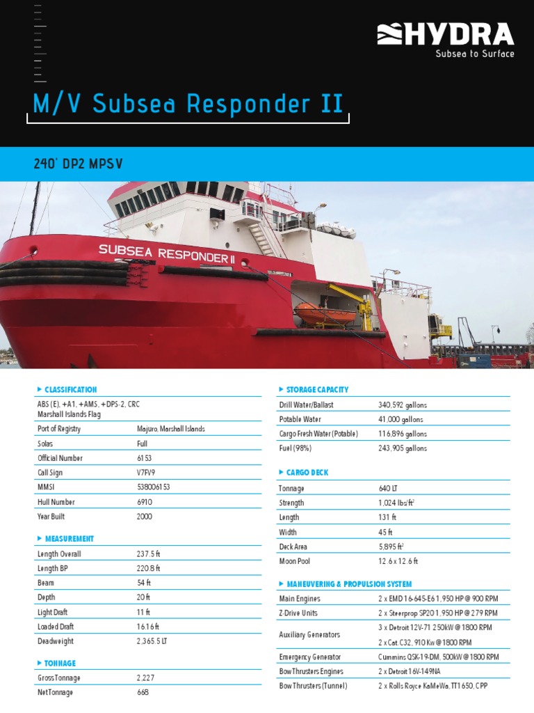 M/V Subsea Responder: 240' DP2 MPSV | PDF | Tonnage | Water Transport