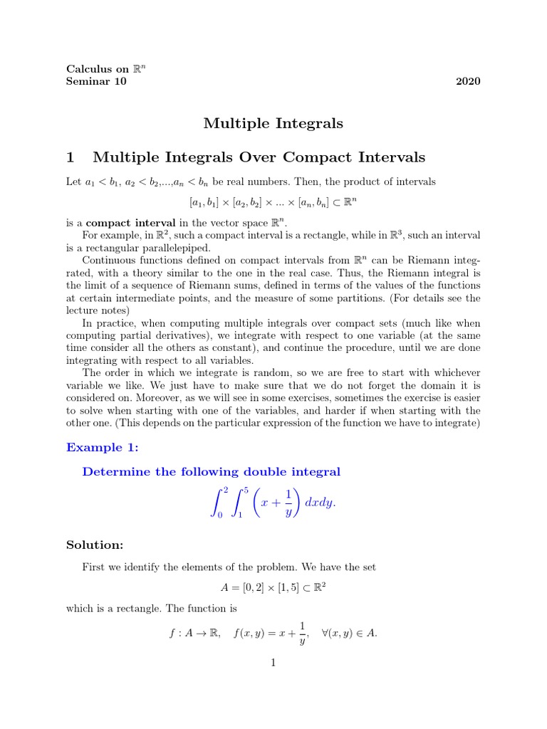 Multiple Integrals 1 Multiple Integrals Over Compact Intervals | PDF | Integral | Function ...