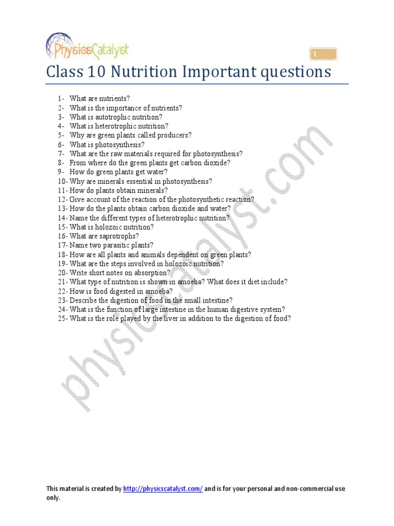 Class10 Nutrition Important Questions 1 | PDF | Digestion | Photosynthesis
