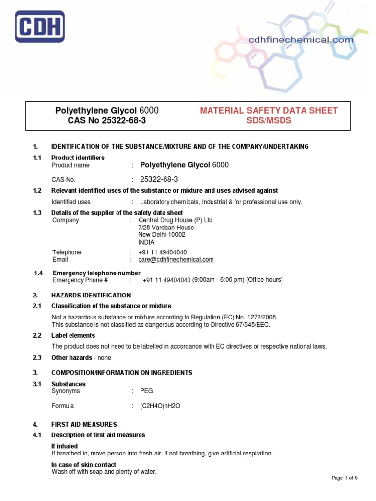 MSDS Peg 6000 | PDF | Toxicity | Dangerous Goods